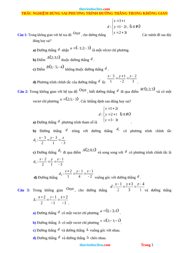 15 Cau Trac Nghiem DUNG SAI Phuong Trinh Duong Thang Trong Khong Gian Giai Chi Tiet | PDF