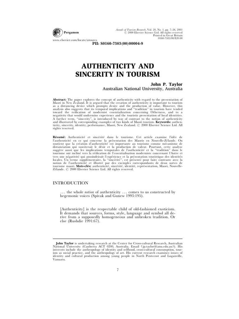 Authenticity and Sincerity in Tourism | PDF | Authenticity (Philosophy ...
