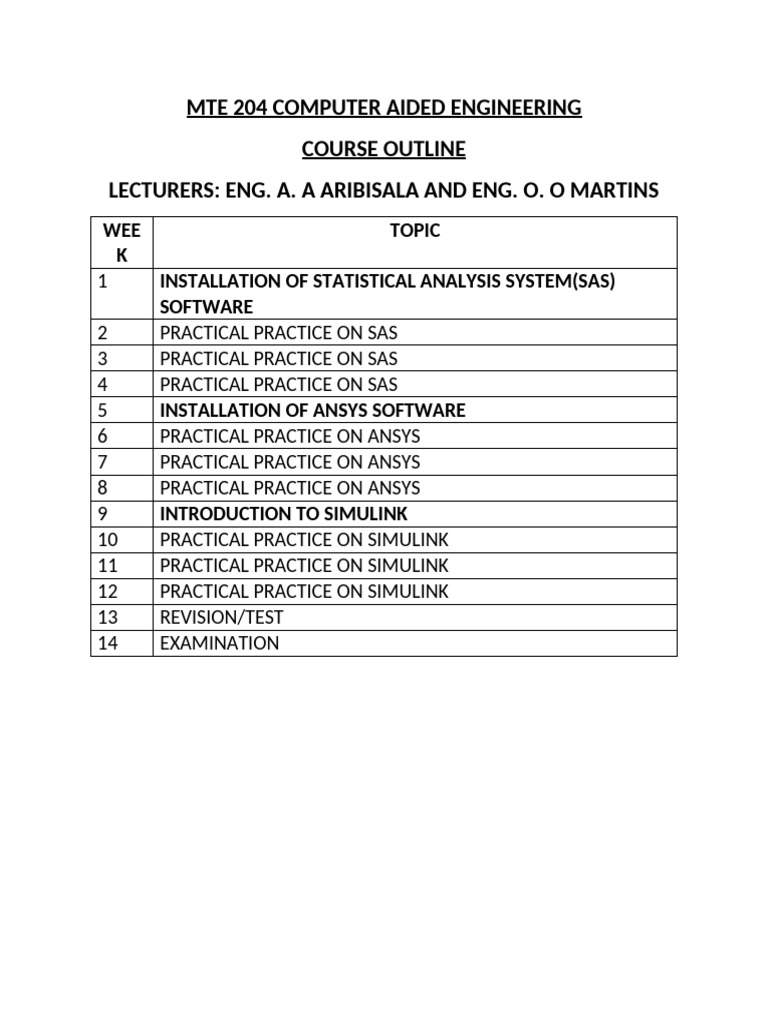 Mte 204 Computer Aided Engineering - Course - Outline | PDF