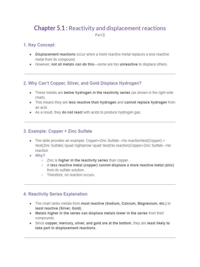 Chapter 5.1 Reactivity and Displacement Reactions Part.2 | PDF