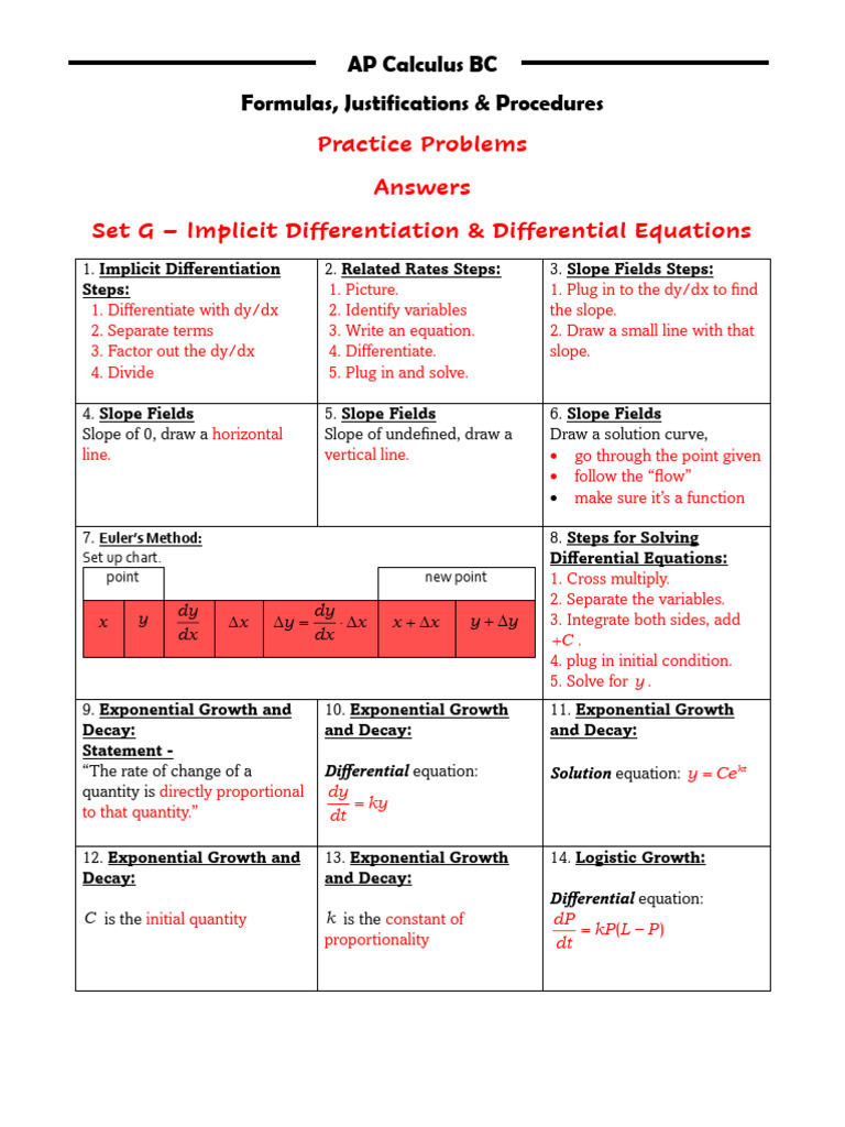 Calculus BC Formulas & Justifications - Set G Practice ANSWERS | PDF ...