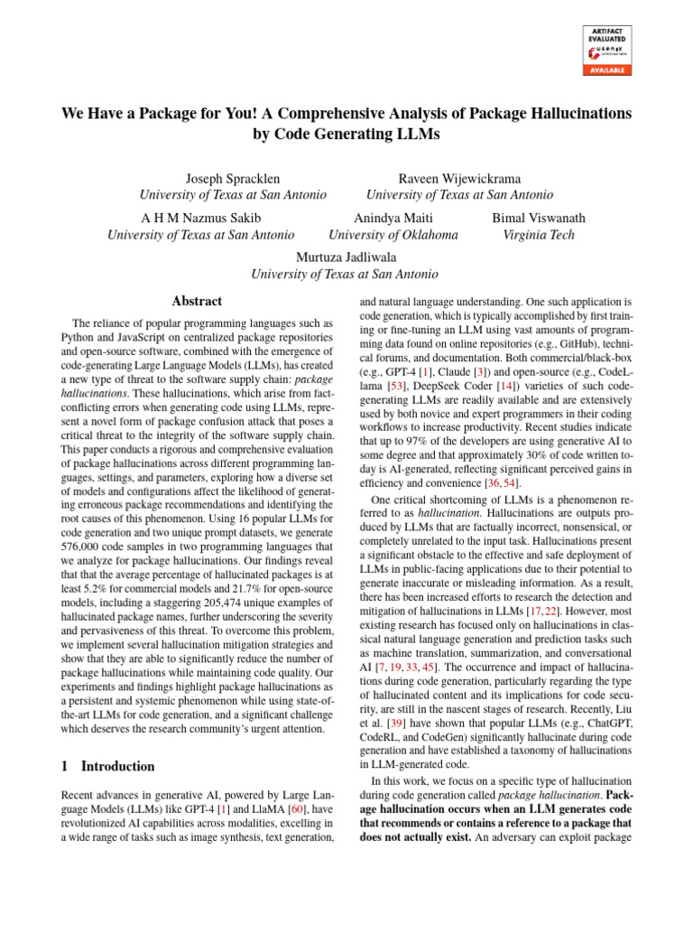 A Comprehensive Analysis of Package Hallucinations by Code Generating LLMs (2406.10279) | PDF ...