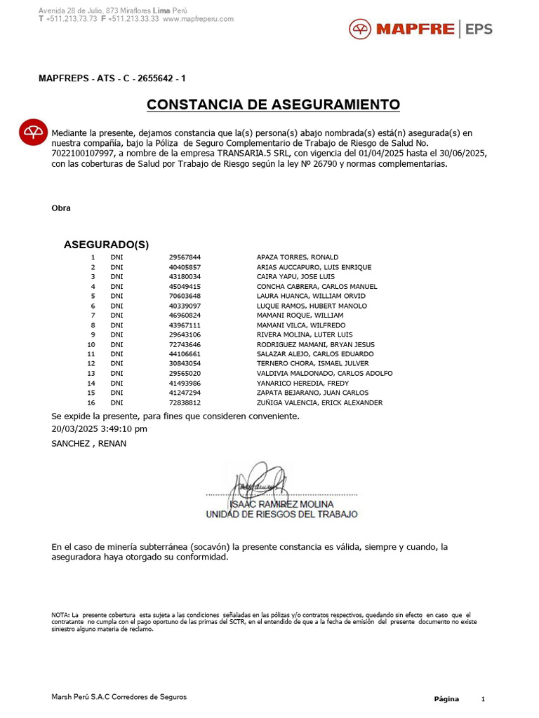 SCTR - Constancia - 002655642-0001 - 20250320154911 Riesgo Salud | PDF | Póliza de seguros | Seguro