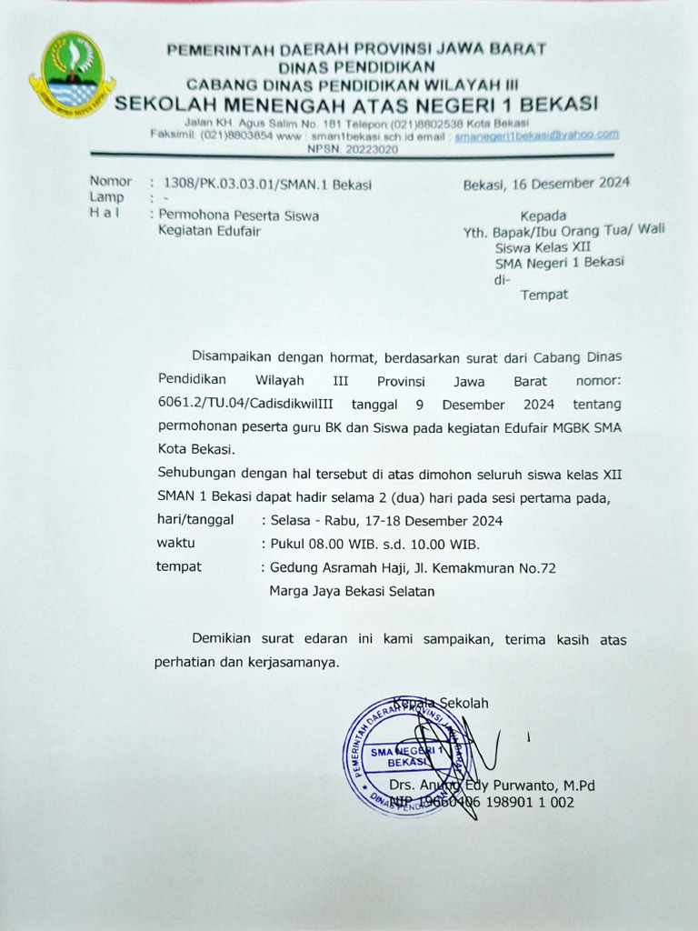 Surat Permohonan Peserta Siswa Kegiatan Edufair | PDF