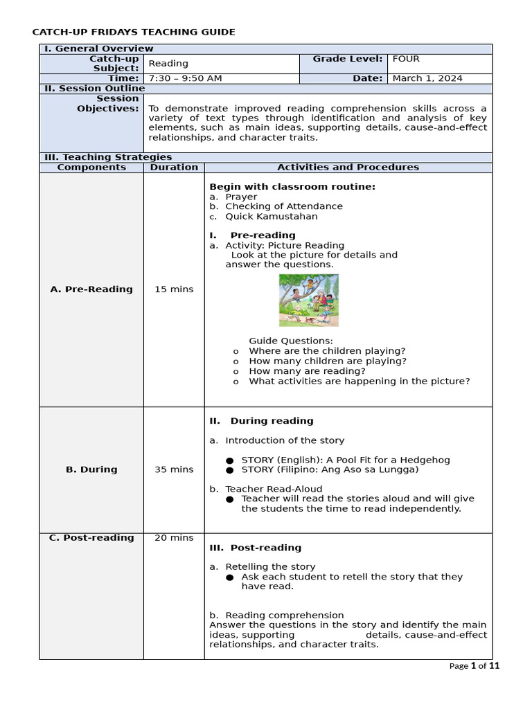 GRADE-4-CATCH-UP-FRIDAY-LESSON-PLAN-Q3-WEEK-4-MARCH-1-ANNABEL-ELEM | PDF | Reading Comprehension ...