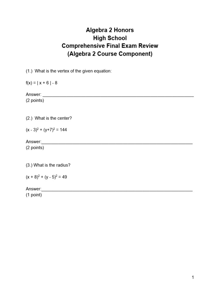 Algebra 2 Honors High School Comprehensive Review Algebra 2 Course ...