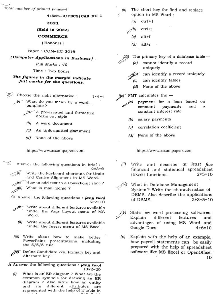 Bcom 3 Sem Hons Commerce Computer Applications in Business Com Hc 3016 2021 | PDF