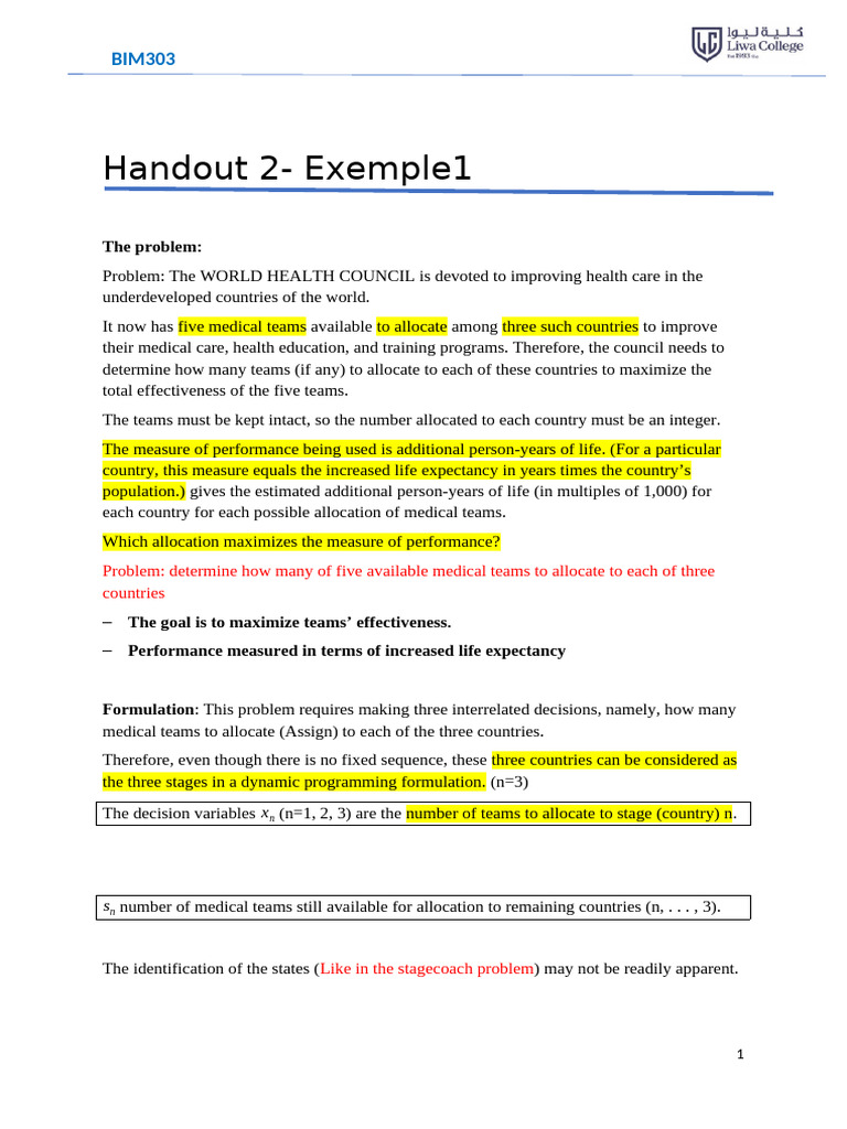Handout2#BIM303 Exemple1 Deterministic DP | PDF | Mathematics | Theoretical Computer Science