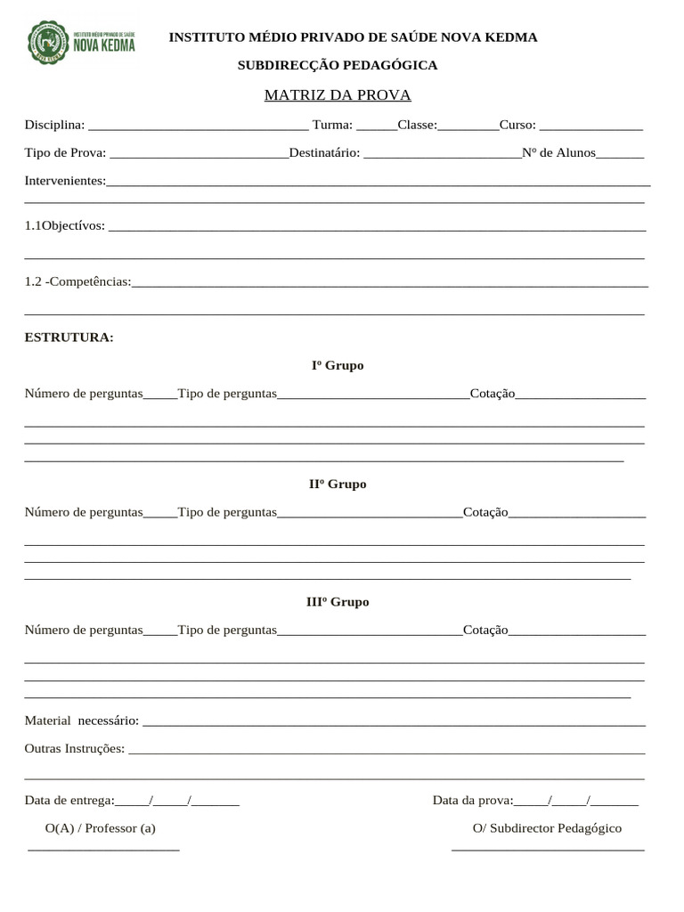 Modelo Da Matriz Da Prova | PDF
