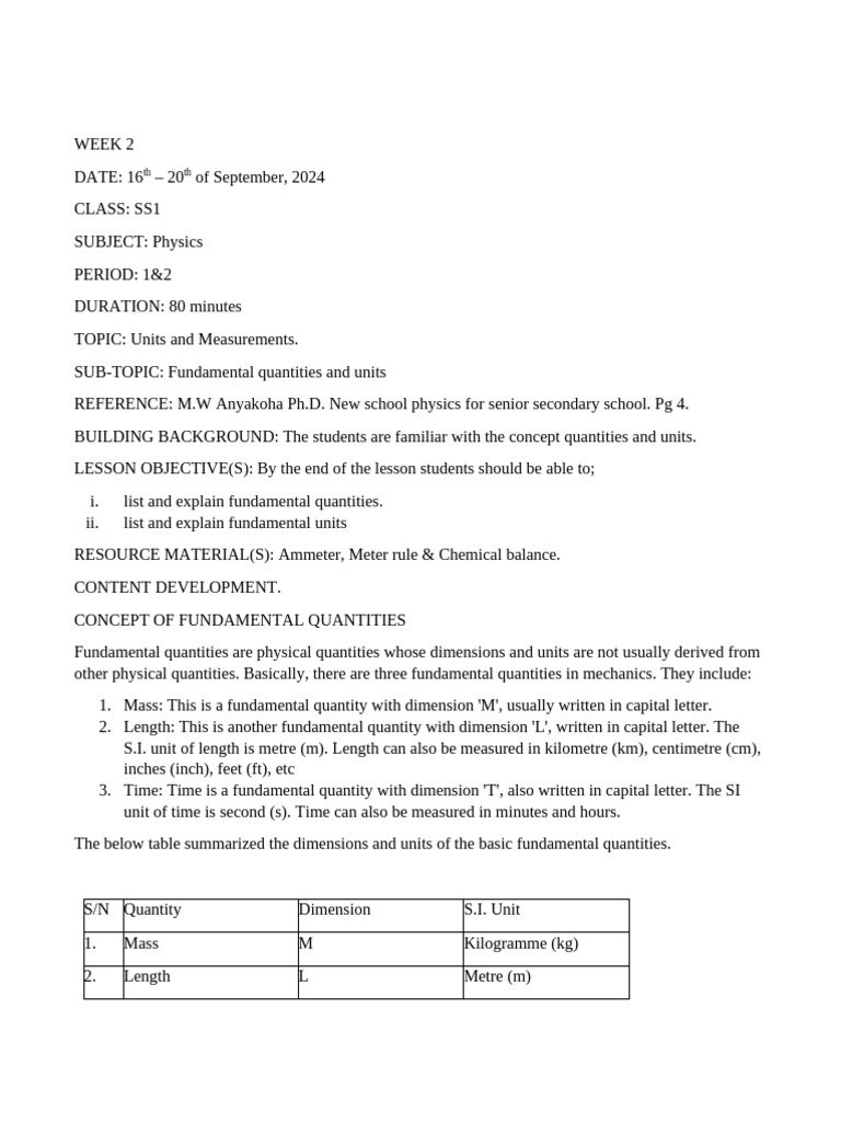 Physics Week 2 Lesson Note | PDF | Acceleration | Gravity