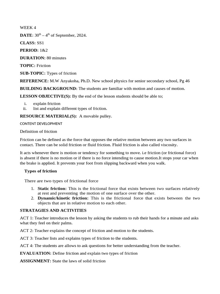 Physics Week 4 Lesson Note | PDF | Friction | Capacitance