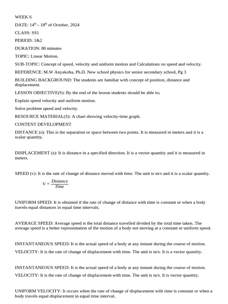 Physics Week 6 Lesson Note | PDF | Speed | Velocity