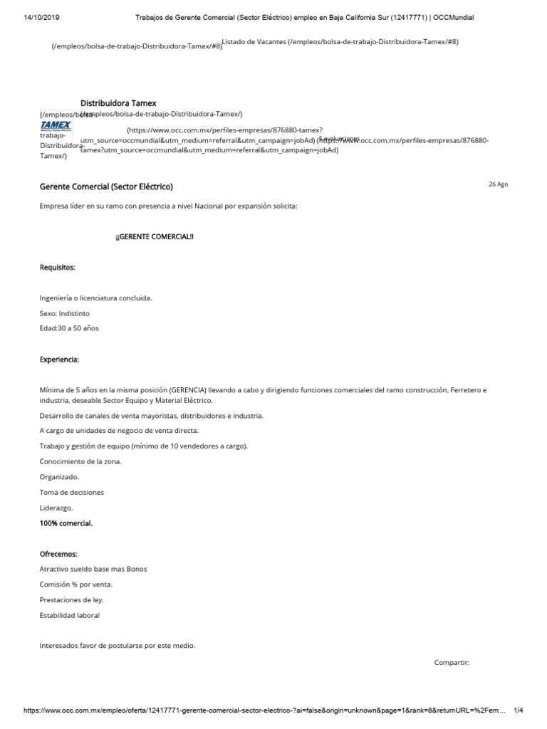 Oferta Tamex Gerente Comercial BCS | PDF | Business | Economias