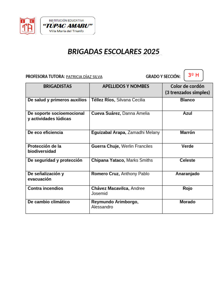 Brigadas Escolares 2025: Nombres y Funciones | PDF