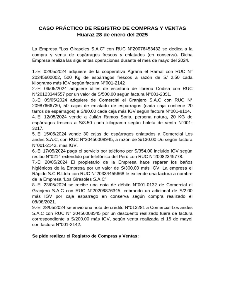 Caso Girasoles Práctico de Registro de Compras y Ventas | PDF