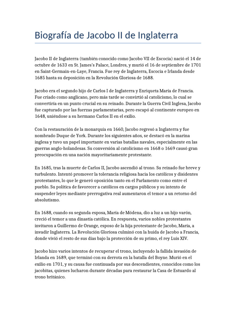 Biografía Jacobo II | PDF | Stuart Inglaterra | Monarquía