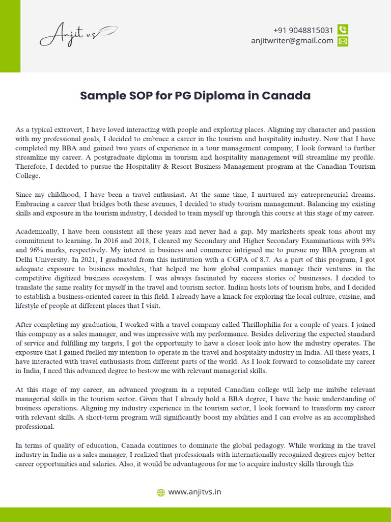 Sample SOP For PG Diploma in Canada | PDF | Learning