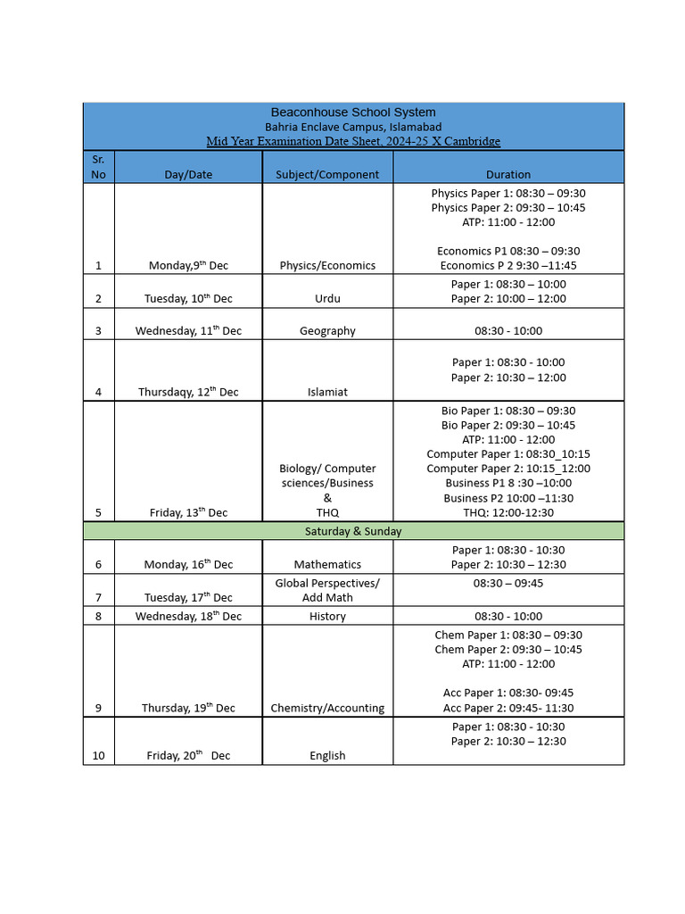 Date sheet Mid term -10 C -1st term (2024-25) | PDF | Science