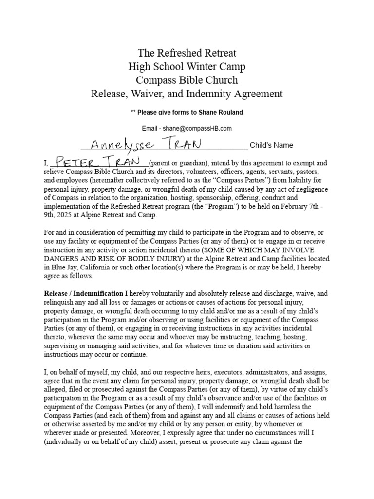 The Refreshed Retreat - HS Winter Camp - Medical Release Forms | PDF ...