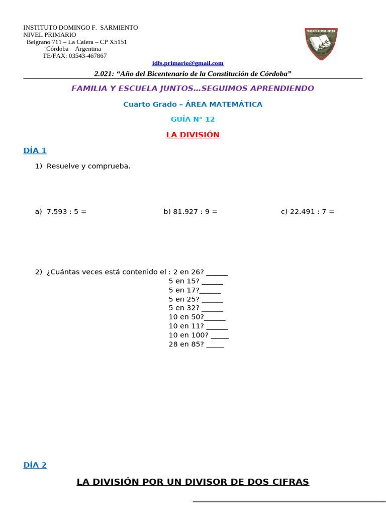 Guía de Matemáticas: División para Cuarto Grado | PDF