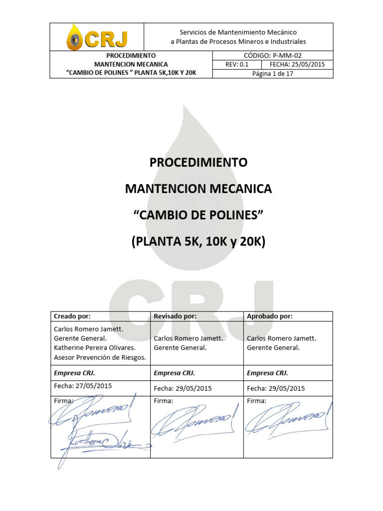P-MM-02 Procedimiento Cambio de Polines 5k, 10k y 20k | PDF | Residuos | Ingeniería de confiabilidad