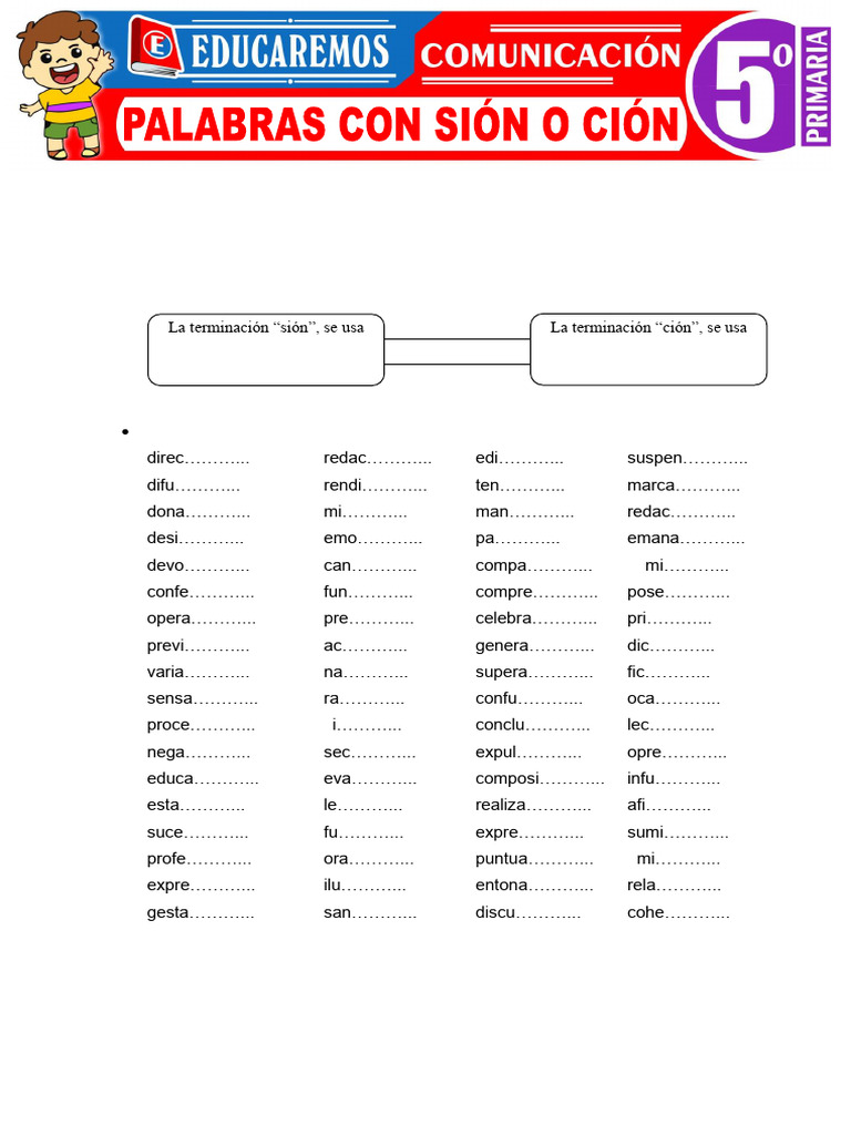 Palabras Con Sion o Cion para Quinto Grado de Primaria | PDF