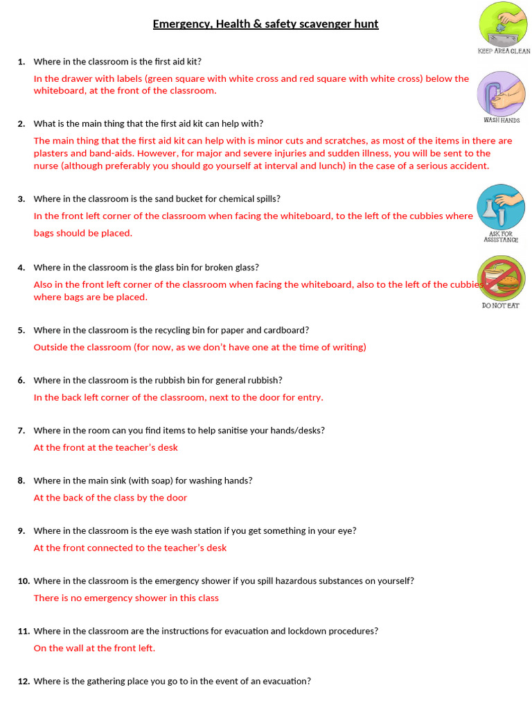 Emergency, H&S Scavenger Hunt | PDF | Classroom