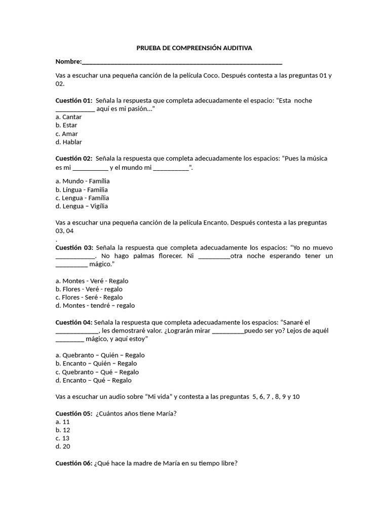 Prueba de Compreensión Auditiva | PDF