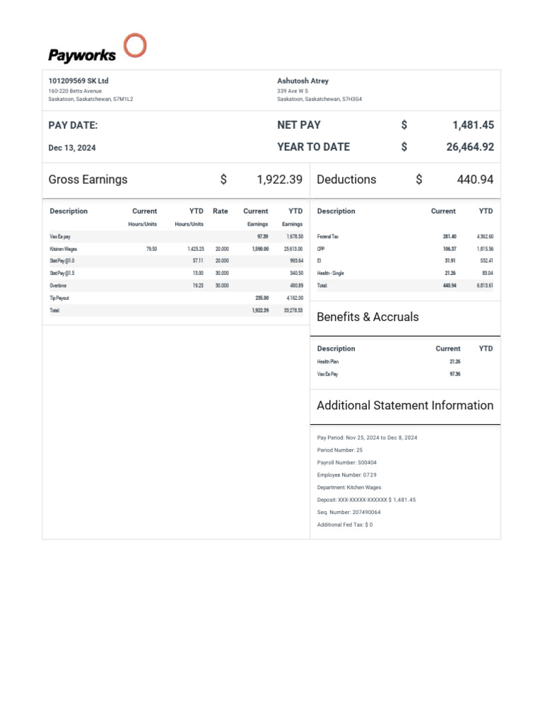 Payroll Statement Summary for Dec 2024 | PDF | Payroll | Taxes