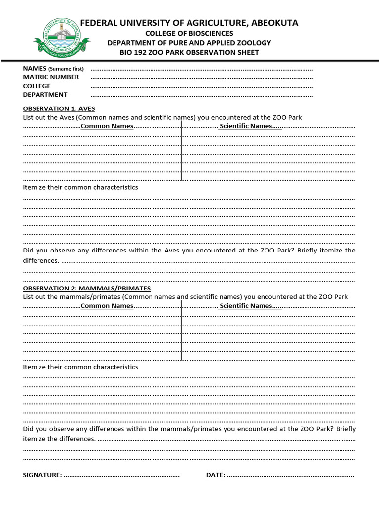 BIO 192 ZOO Park Observation Sheet | PDF | Zoology | Biology