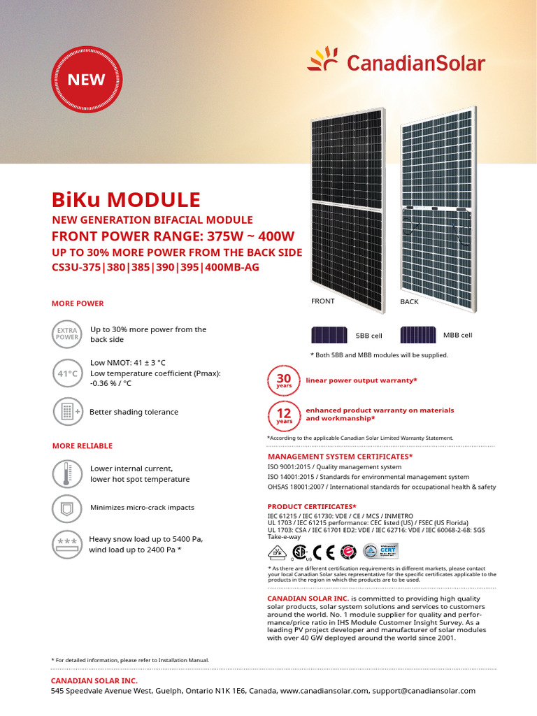Canadian - Solar Datasheet BiKu - CS3U MB AG - EN | PDF | Electricity ...