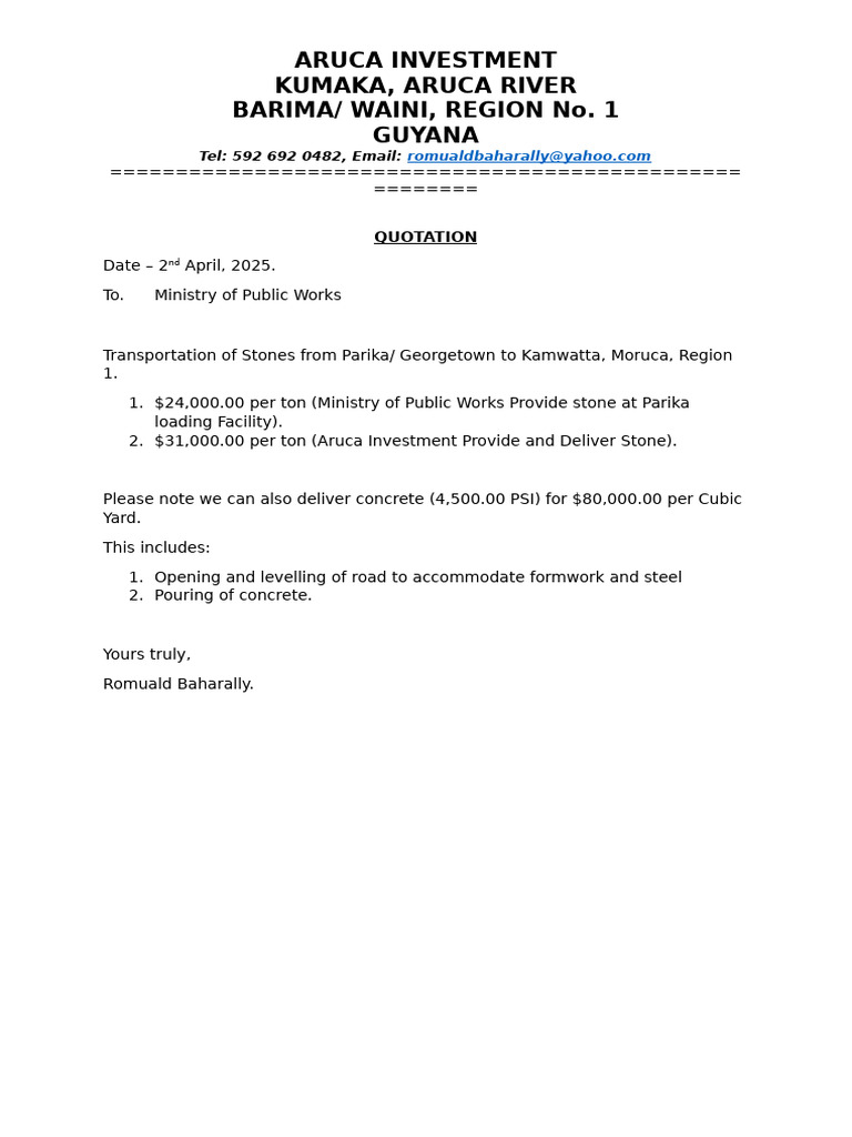 Aruca Investment Quotation for Stone Transport | PDF
