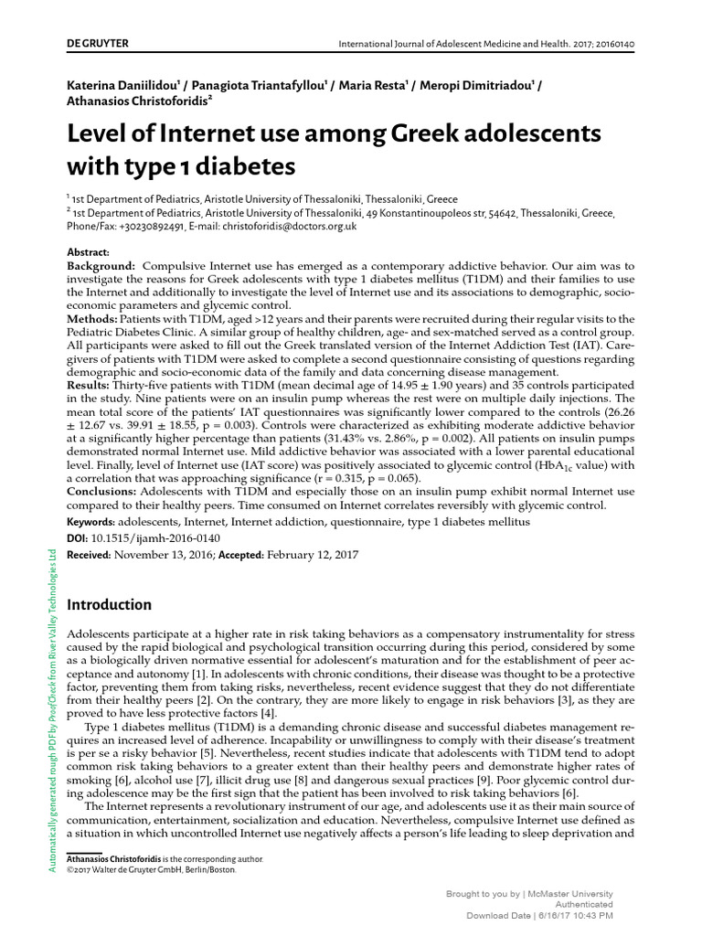 Level of Internet Use Among Greek Adolescents With Type 1 Diabetes ...
