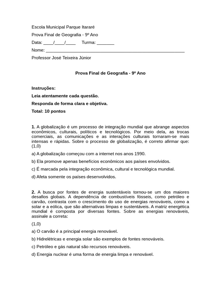 Prova Final Geografia - 9 Ano | PDF | Ásia | Europa