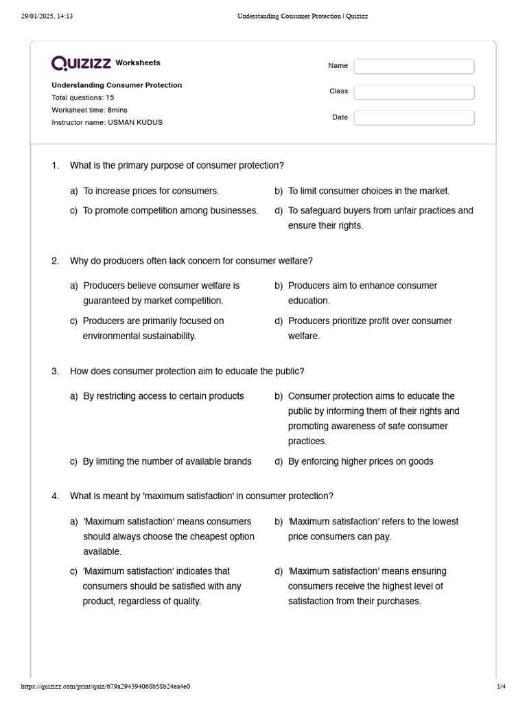Consumer Protection Worksheet Quiz | PDF | Consumer Protection | Safety
