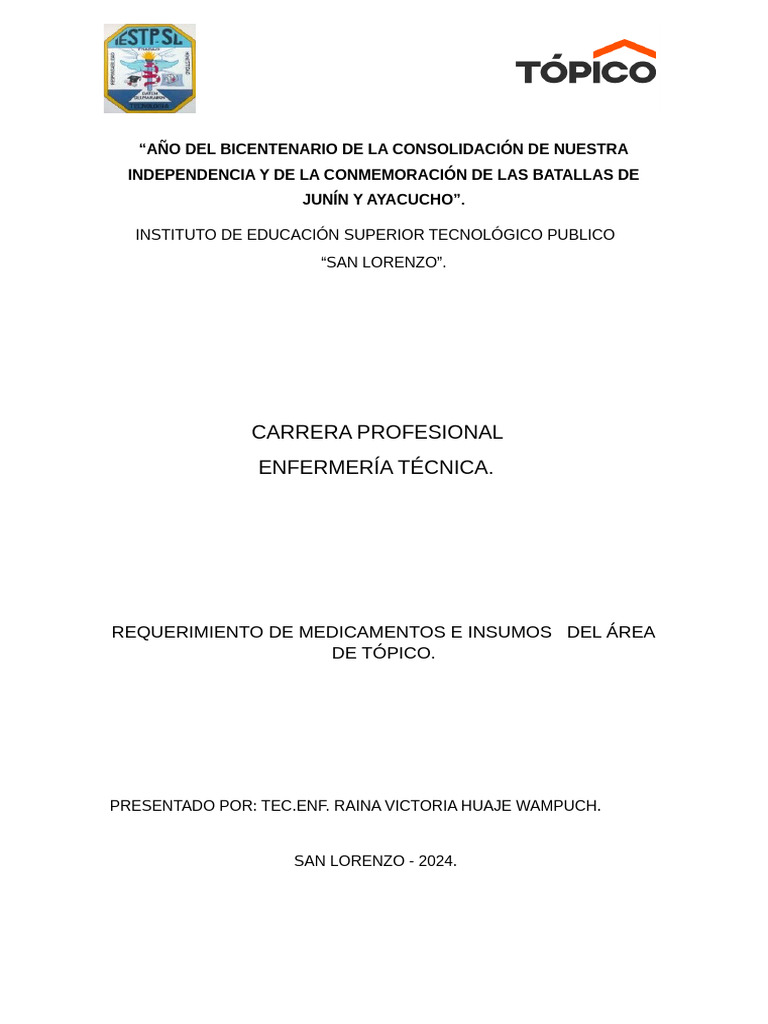 Requerimiento Del Area de Topico y Sala de Enfermeria I.E.S.T.P.SL-1 | PDF