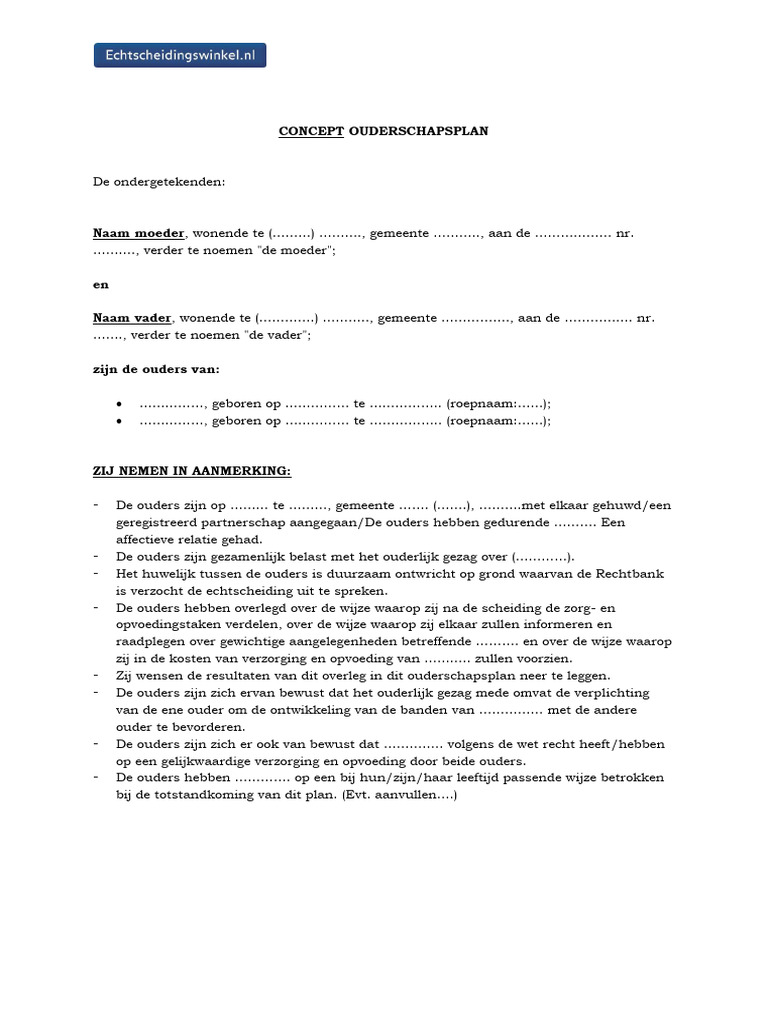 Voorbeeld Ouderschapsplan | PDF