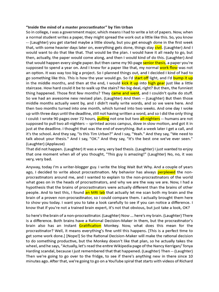 Inside The Mind of A Master Procrastinator by Tim Urban With Key | PDF ...