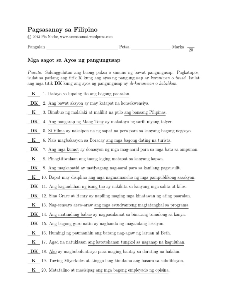 Mga Sagot Sa Ayos Ng Pangungusap 2 1 | PDF