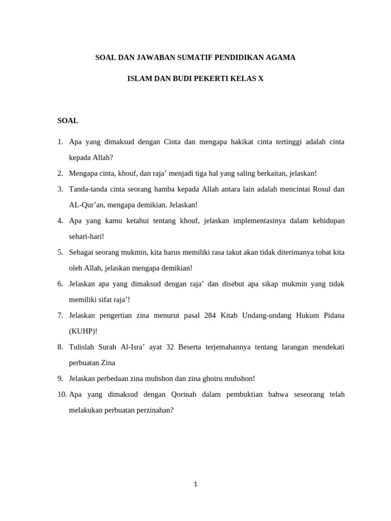 Soal Dan Jawaban Suamtif Agama X | PDF