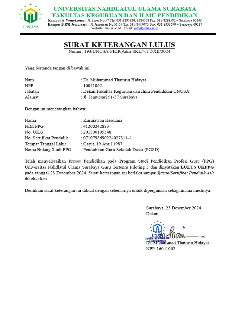 Surat Keterangan Lulus PPG UNUSA 2024 | PDF