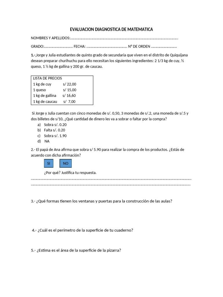 EVALUACION DIAGNOSTICA DE MATEMATICA 5to | PDF