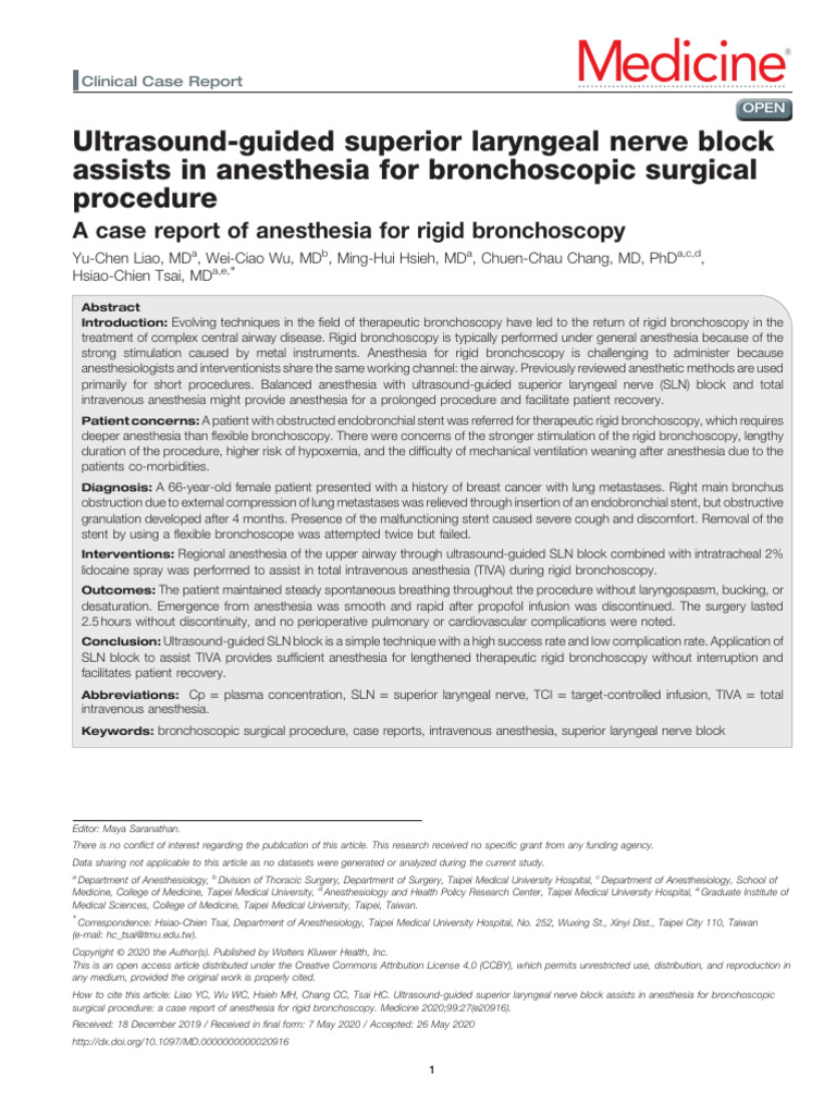 Ultrasound-Guided Superior Laryngeal Nerve Block A | PDF | Anesthesia ...