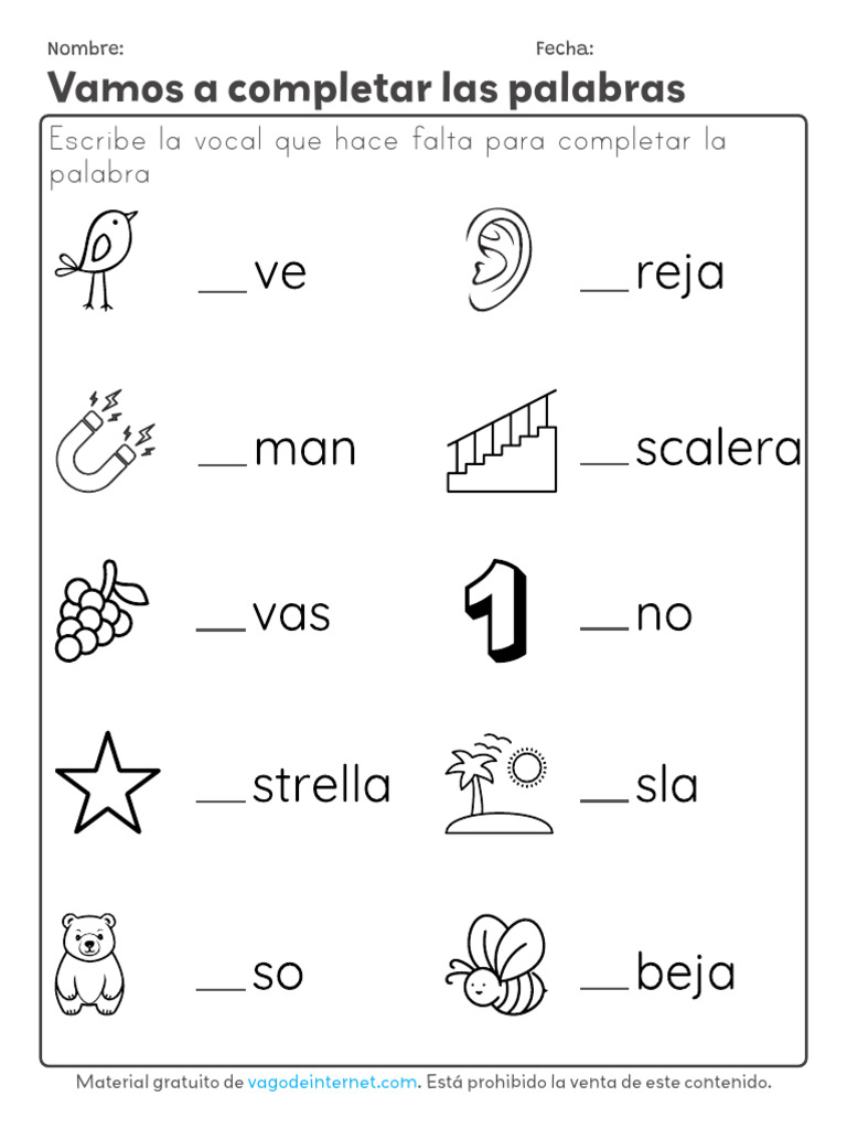 Completa las Palabras con Vocales | PDF