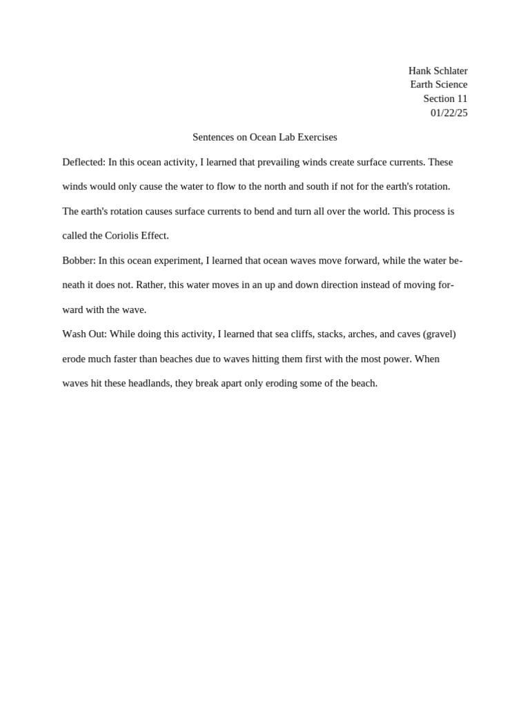 Sentences On Ocean Lab Exercises-3 | PDF