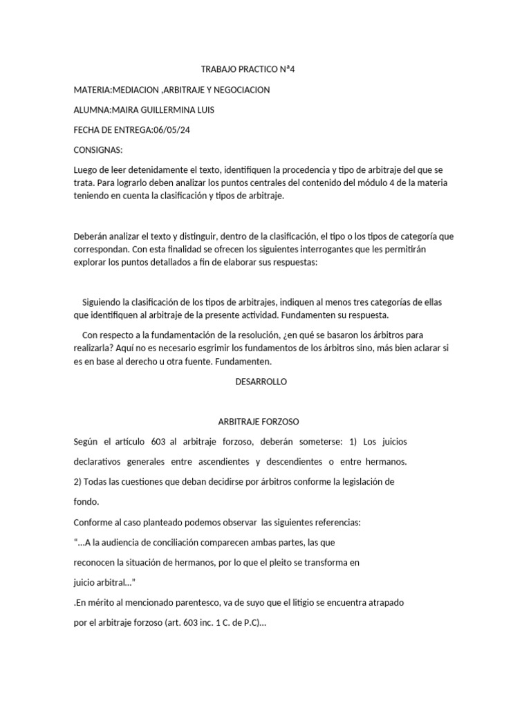 Trabajo Practico N 4 Mediacion Arbitraje y Negociacion | PDF | Arbitraje | Caso de ley