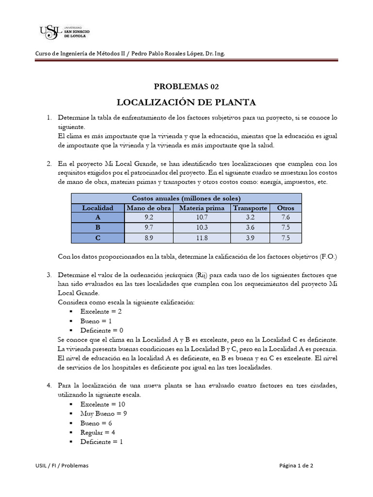 USIL IM-II S02 Problemas E1 Localización de Planta | PDF