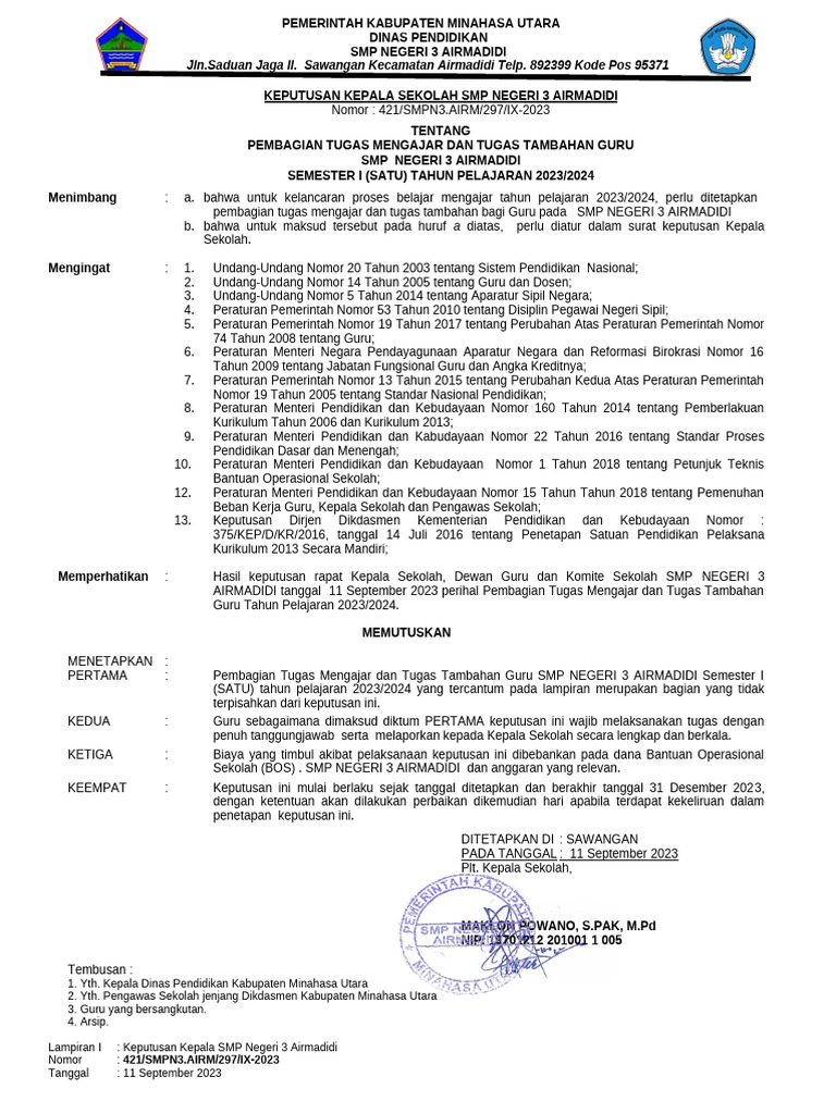 SK Pembagian Tugas Sem Ganjil 2023-2024 | PDF