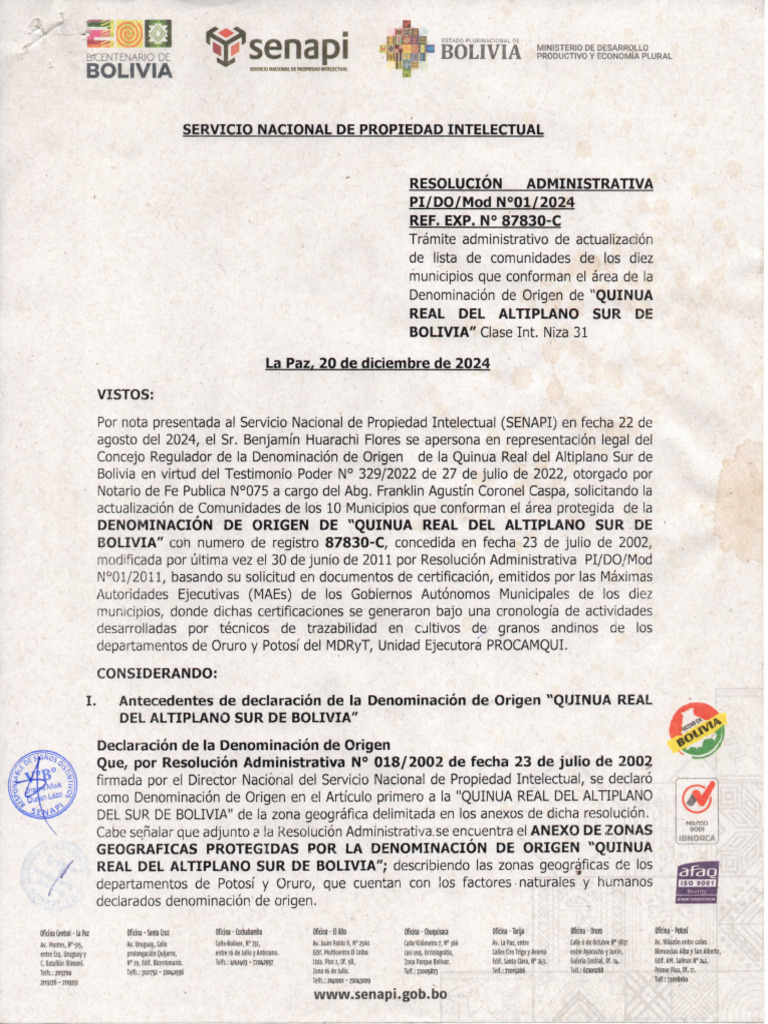Resolucion Senapi 2024 | PDF | Bolivia | Quinua