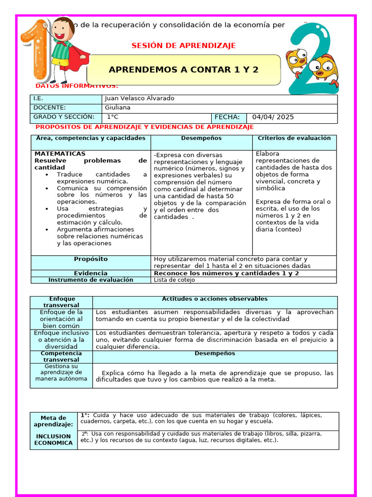 Aprendiendo a Contar: Números 1 y 2 | PDF | Evaluación | Aprendizaje